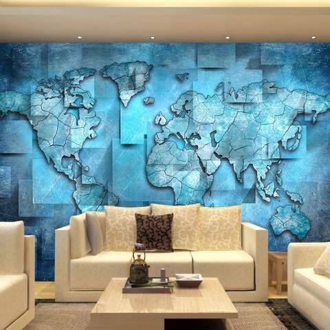 3D Effect Blue World Map Wallpaper Mural • Wallmur UK