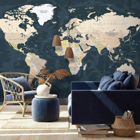 Navy Blue Political World Map Wallpaper Mural • Wallmur UK